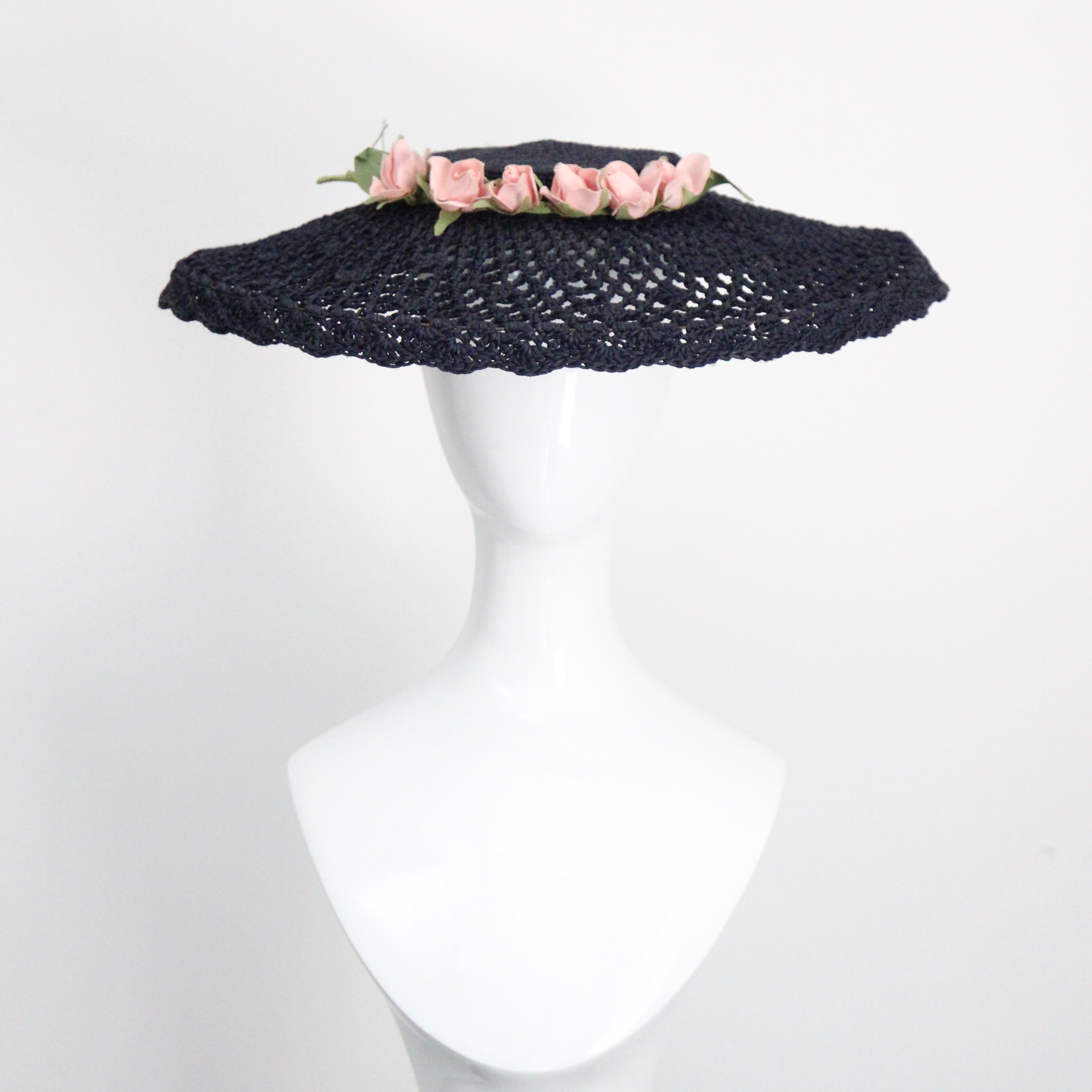 "Navy String & Roses" Vintage 1930's Navy Knotted String & Pink Rose S ...